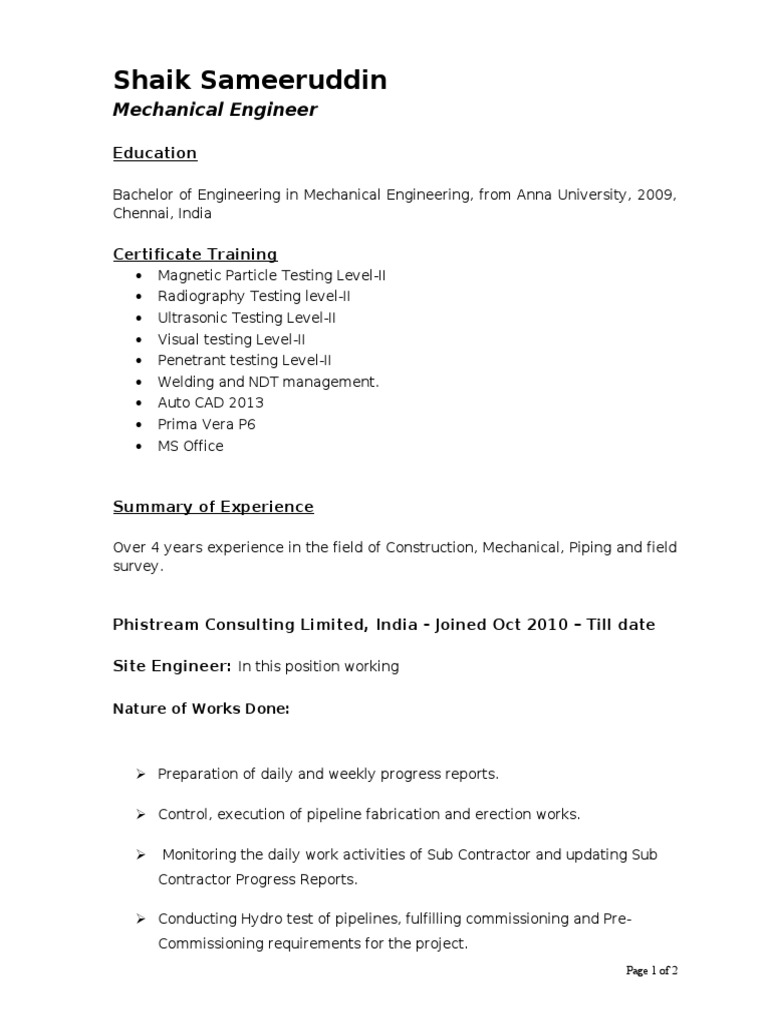 Mechanical Engineer Profile | PDF