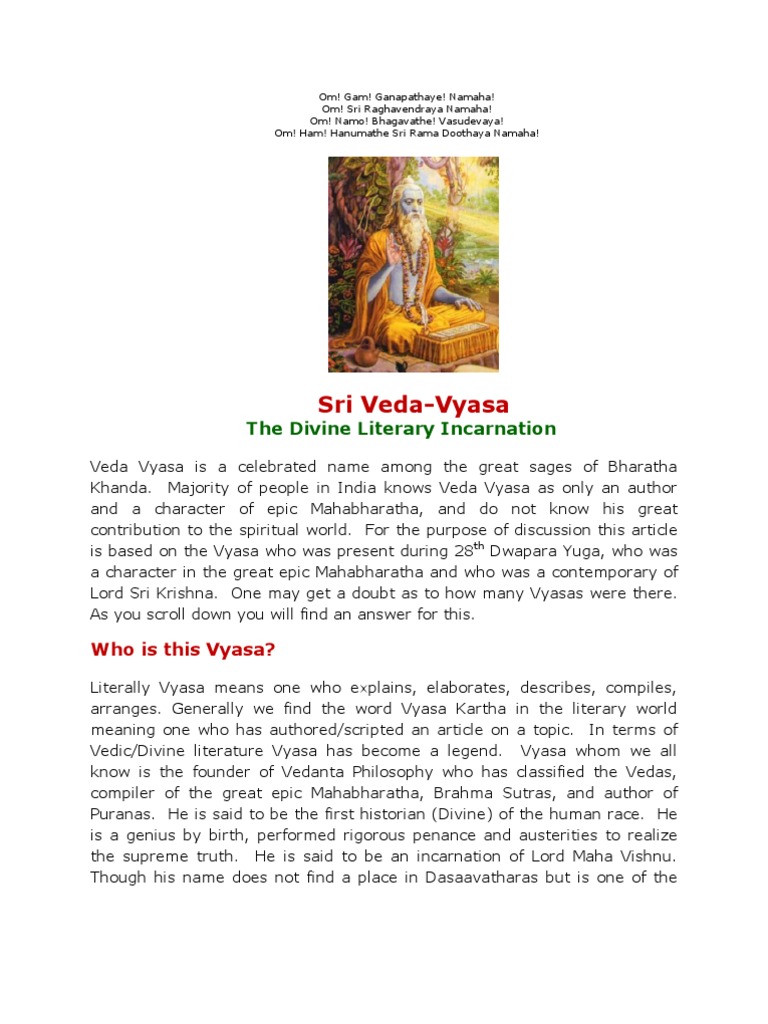 Sage Veda Vyasa - The Divine Literary Incarnation of Lord Vishnu | PDF ...