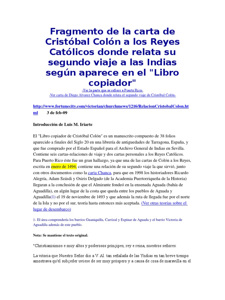Carta Cristobal Colon Segundo Viaje | PDF | Viajes de Cristóbal Colón ...