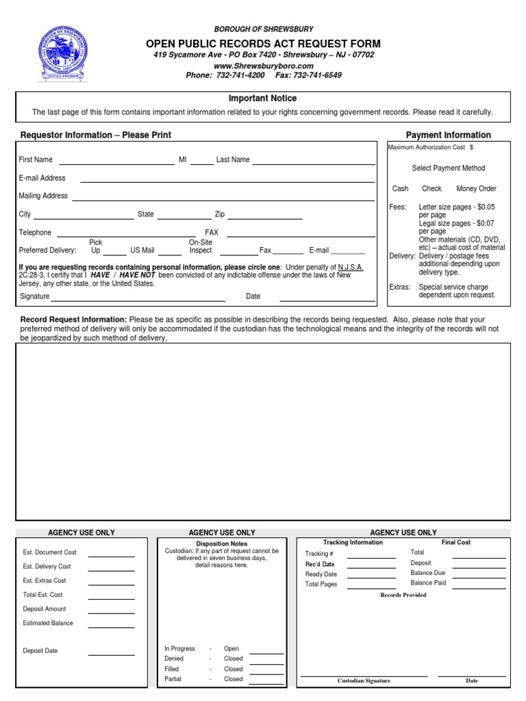 OPRA Request Form for 419 Sycamore Ave | PDF | Computer Security | Security