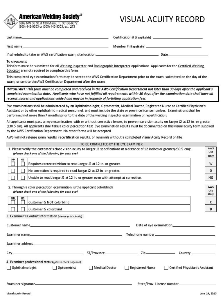 AWS Visual Acuity Record Form | PDF | Optometry | Ophthalmology