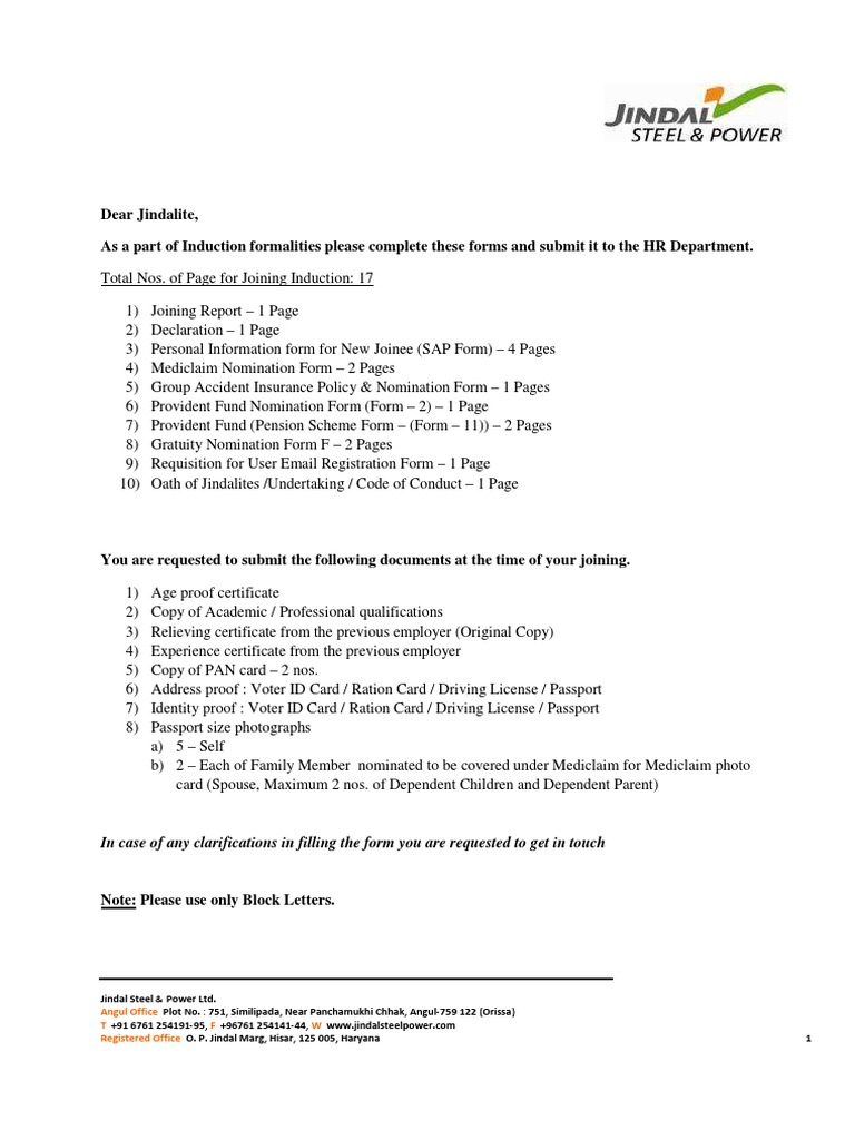 JSPL Joining Form | PDF | Oath Of Office | Identity Document