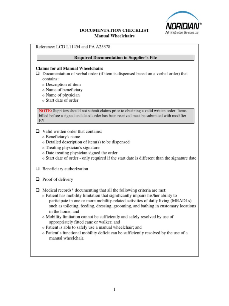 Documentation Checklist Manual Wheelchairs: o o o o | PDF | Wheelchair ...
