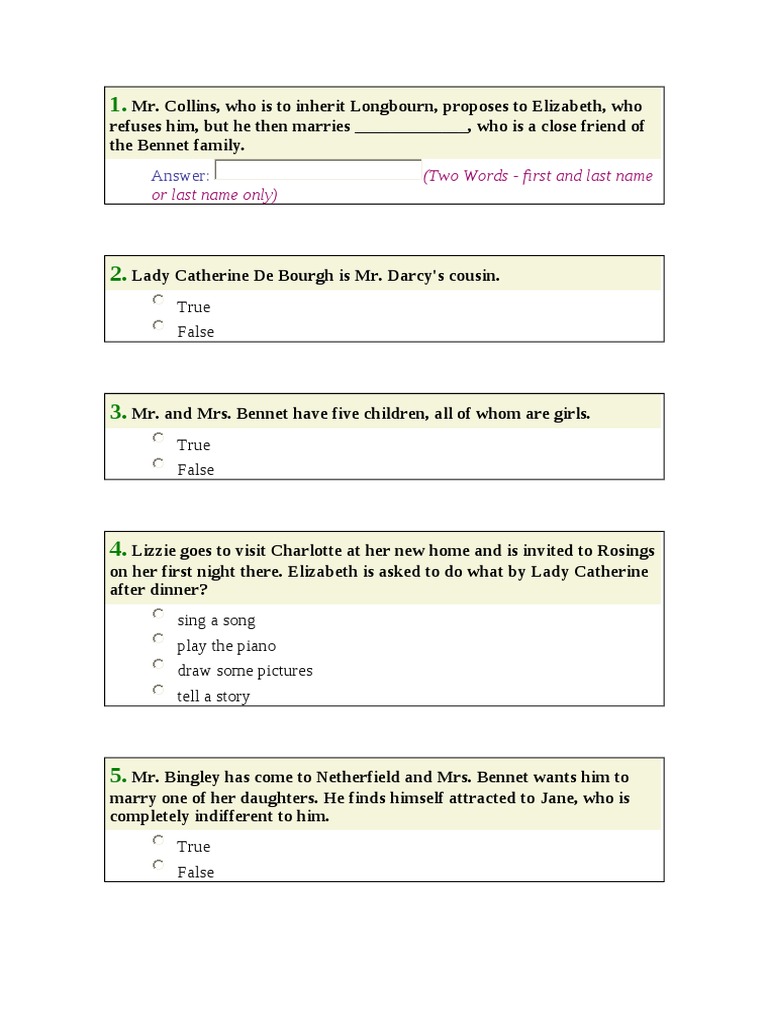 Pride and Prejudice Quiz EASY | PDF