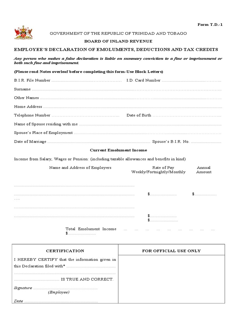 TD1 Forms-2006 Amended Income Tax Form Trinidad and Tobago | PDF ...
