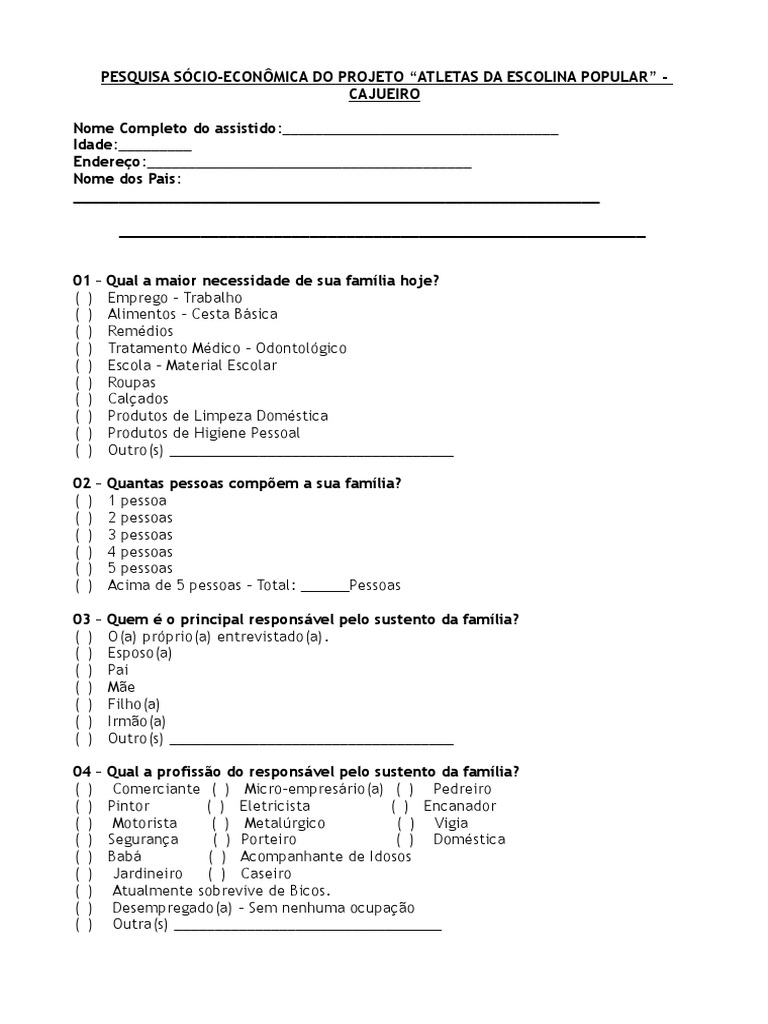 Modelo de Questionario Socio-Economico | PDF | Família | Alfabetização