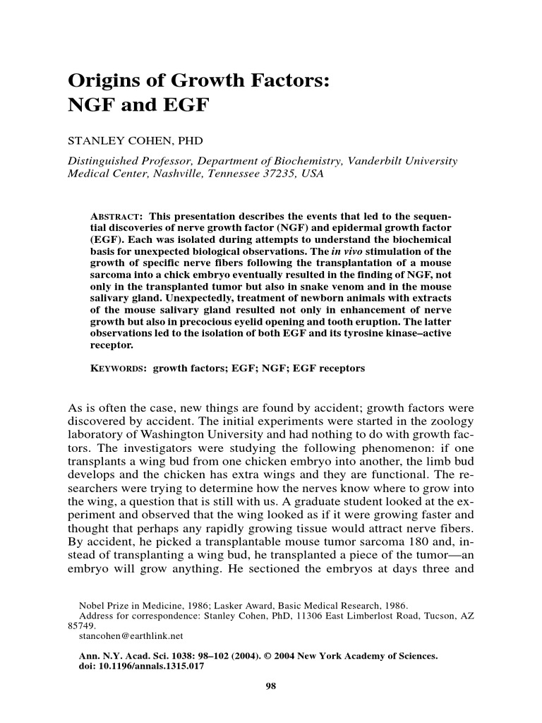 Origins of Growth Factors: NGF and Egf: Stanley Cohen, PHD | PDF ...