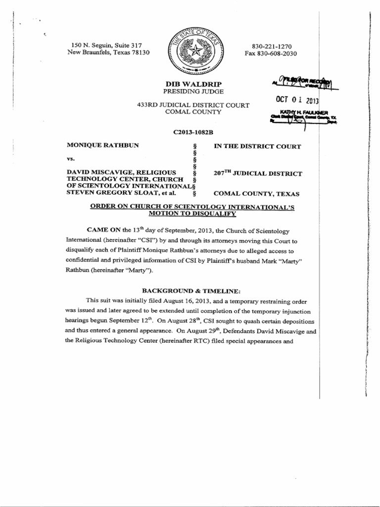 Monique Rathbun v. Scientology, Disqualify Motion Denied | PDF