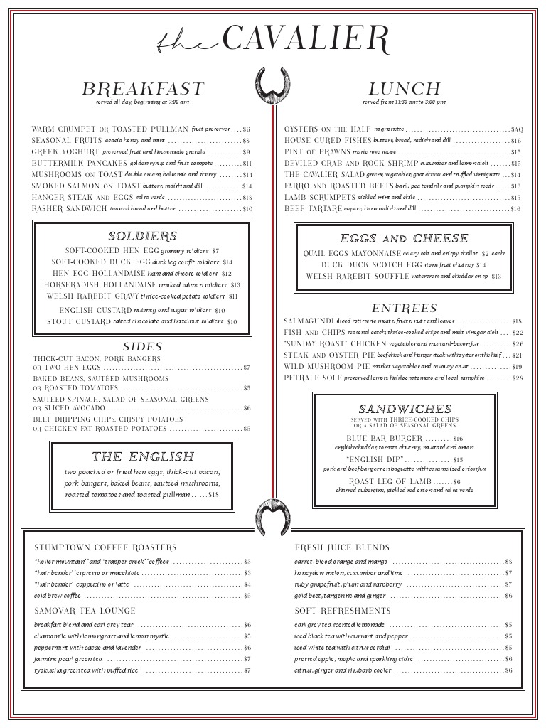The Cavalier - Breakfast and Lunch Menu | PDF | Pickling | Bacon