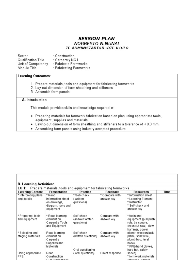 Sample Session Plan TM | PDF | Carpentry