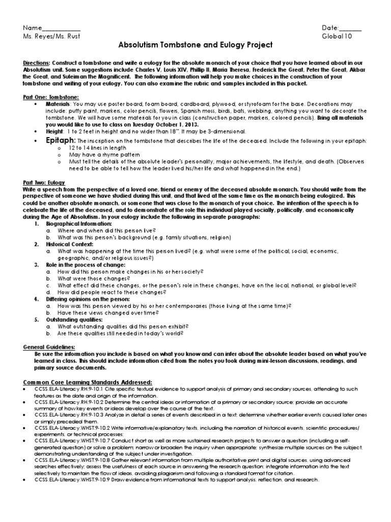 Absolutism Tombstone and Eulogy Project-1 | PDF | Headstone | Information