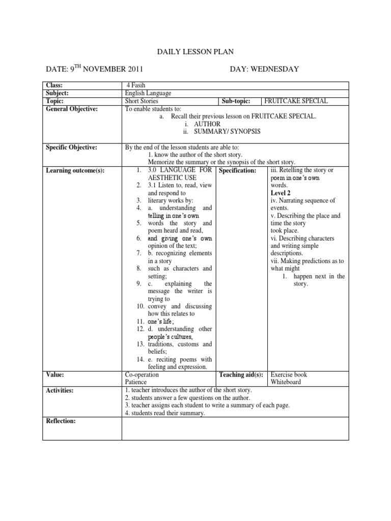 Daily Lesson Plan Date: 9 November 2011 Day: Wednesday: Class: Subject ...