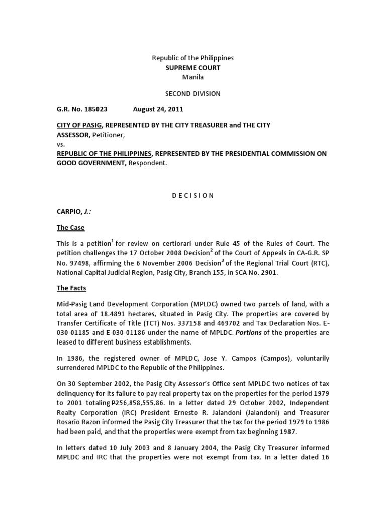 16. City of Pasig vs Rep. of the Philippines | Certiorari | Mandamus