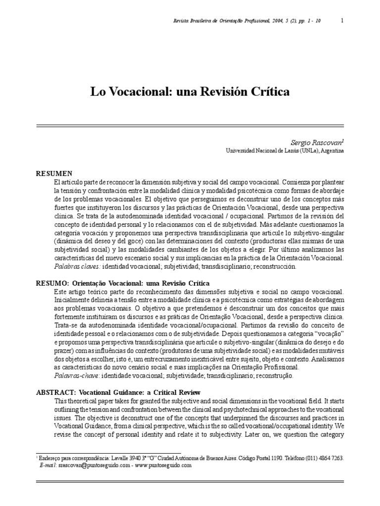 Sergio Rascovan - Lo Vocacional | PDF | Subjetividade | Felicidade