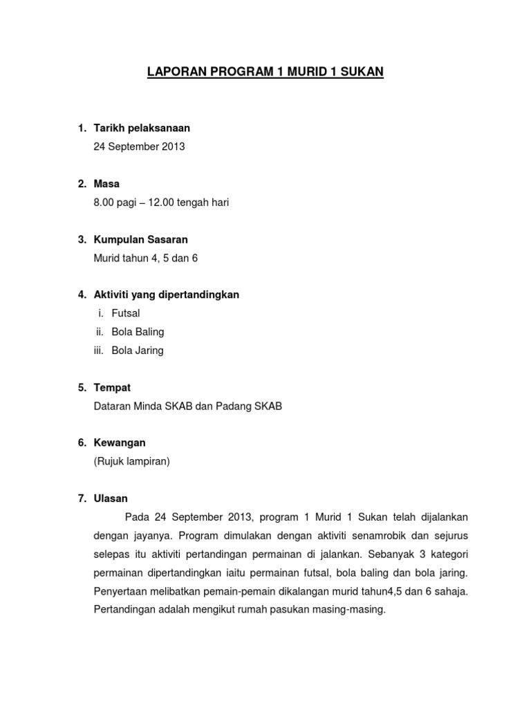 Laporan Program 1 Murid 1 Sukan | PDF
