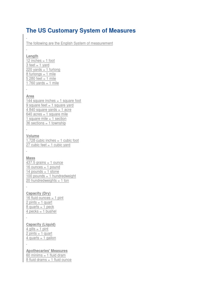 The US Customary System of Measures | PDF | Mass | Volume