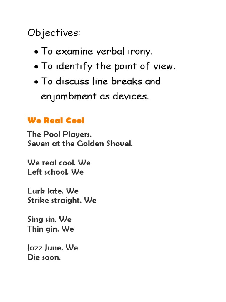 We Are Real Cool by Gwendolyn Brooks2013 | PDF | Irony | Poetry
