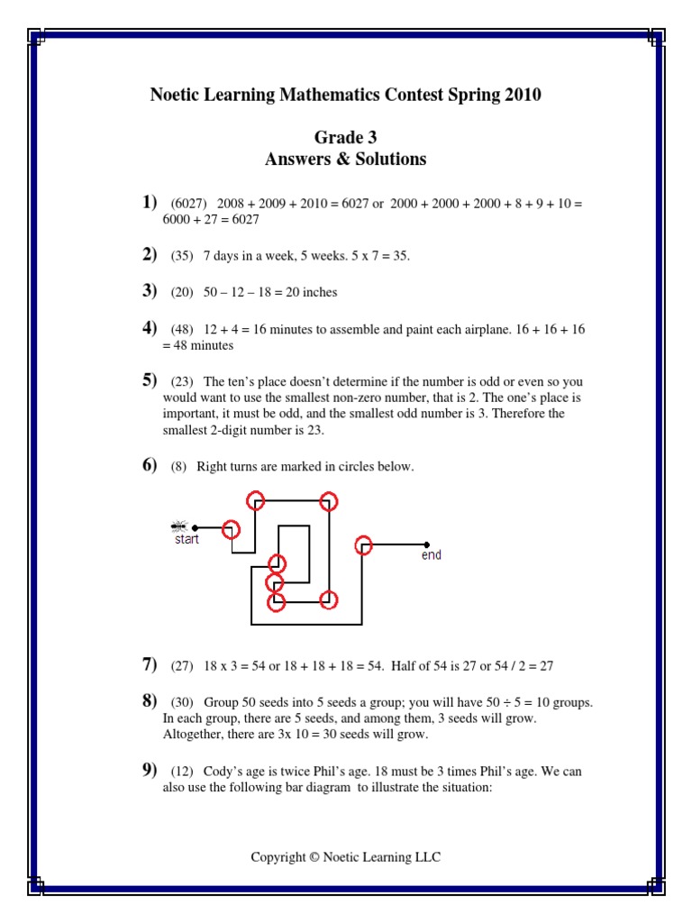 Noetic Learning Mathematics Contest Spring 2010 Grade 3 Answers ...