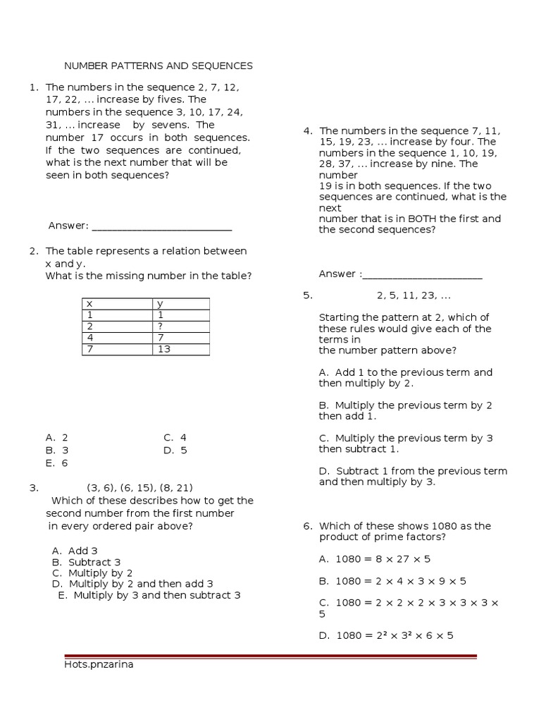 Number Patterns and Sequences and Decimals Hots | Download Free PDF ...