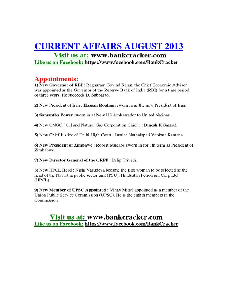 August 2013 Current Affairs Summary | PDF