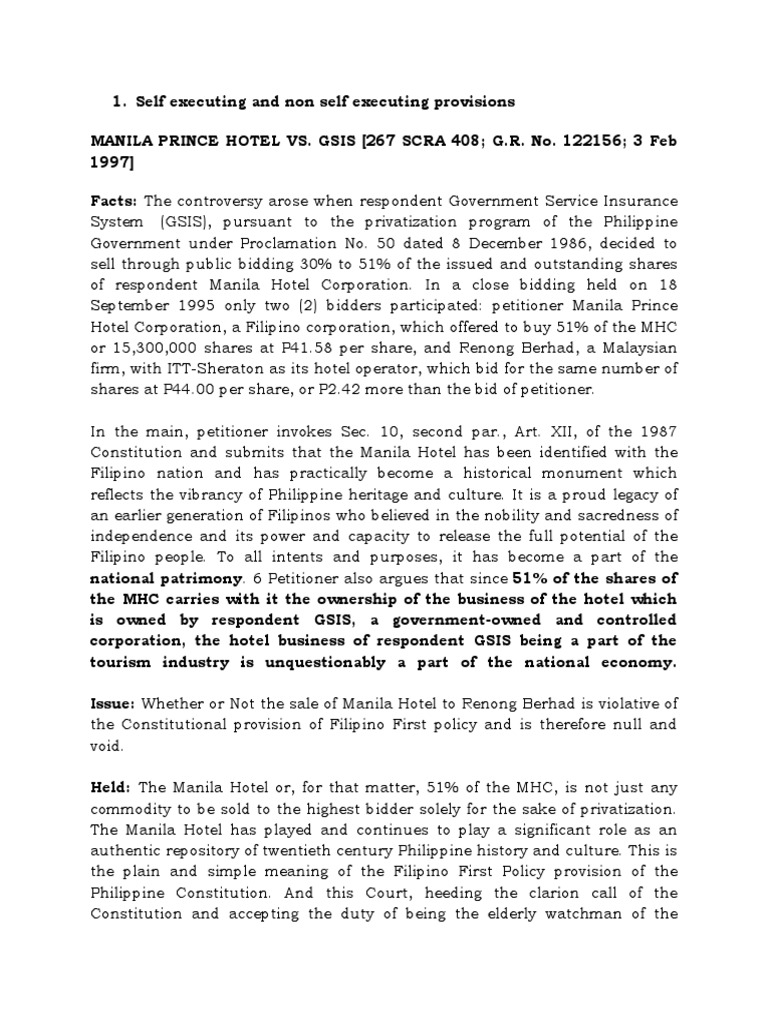 Case Digest, Self Executing Provision | Philippines | Manila