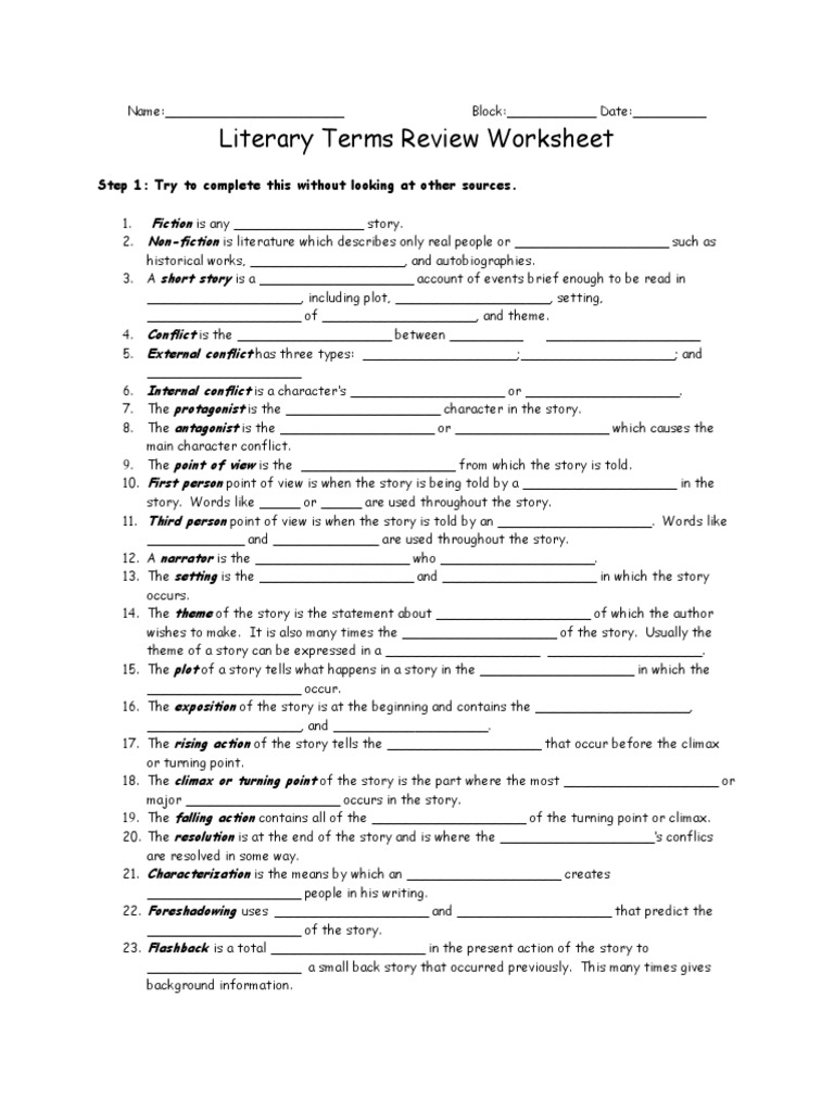 Literary Terms Review Worksheet | PDF | Plot (Narrative) | Narration