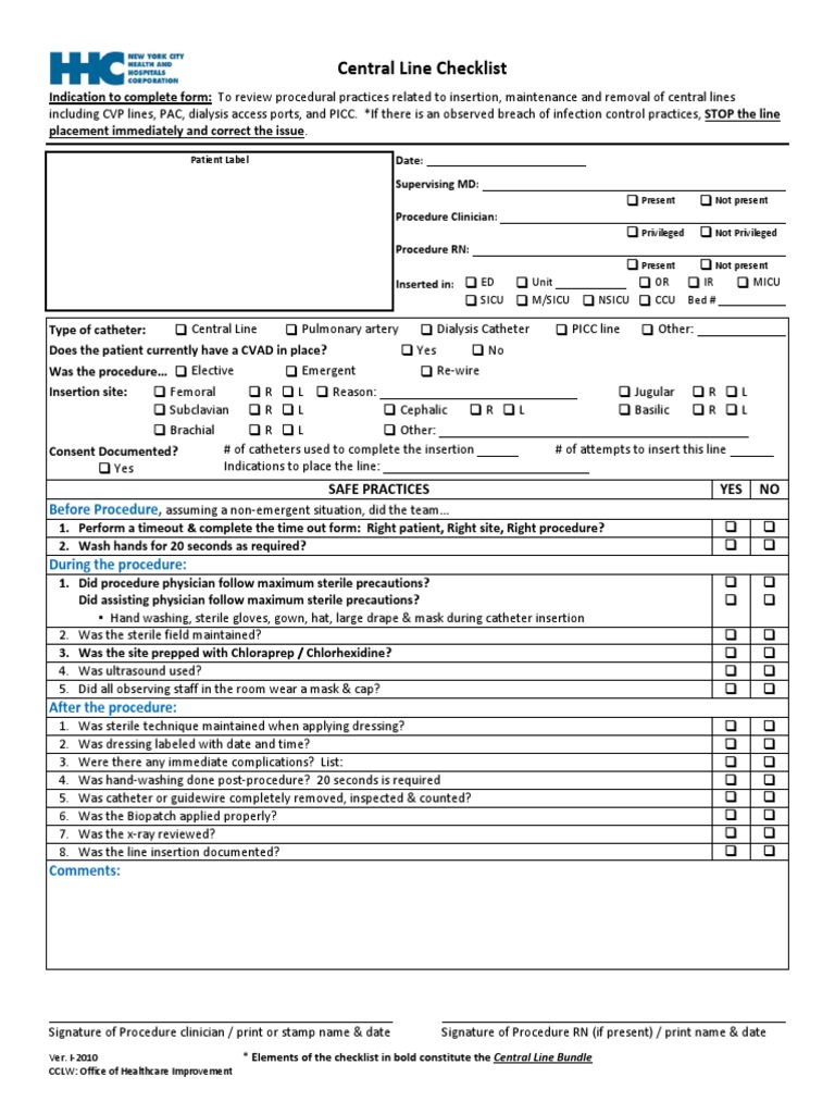 Central Line Checklist Combined Doc v6_354430 | Medical Equipment ...