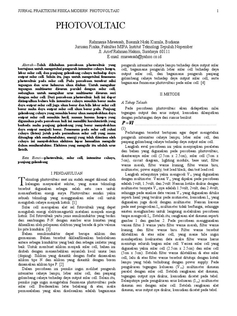 Jurnal Laporan Photovoltaic Nia | PDF
