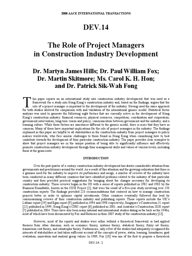The Role of Project Managers in Construction Industry Development | PDF ...
