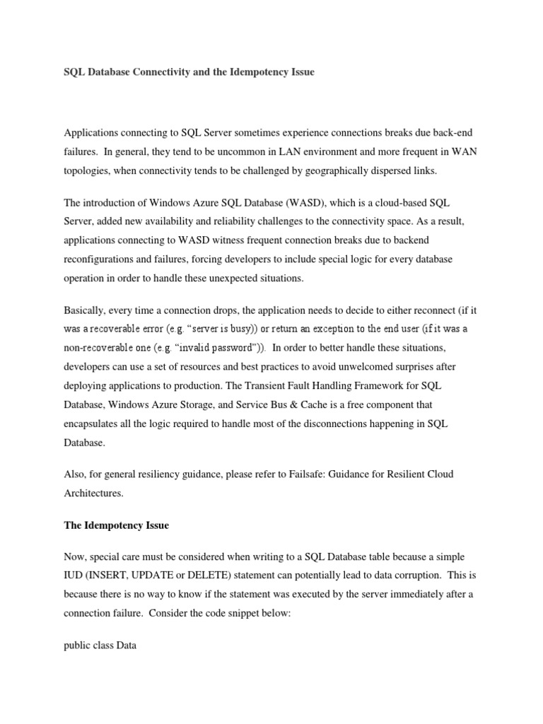 Sql Database Connectivity And The Idempotency Issue Pdf Sql Databases