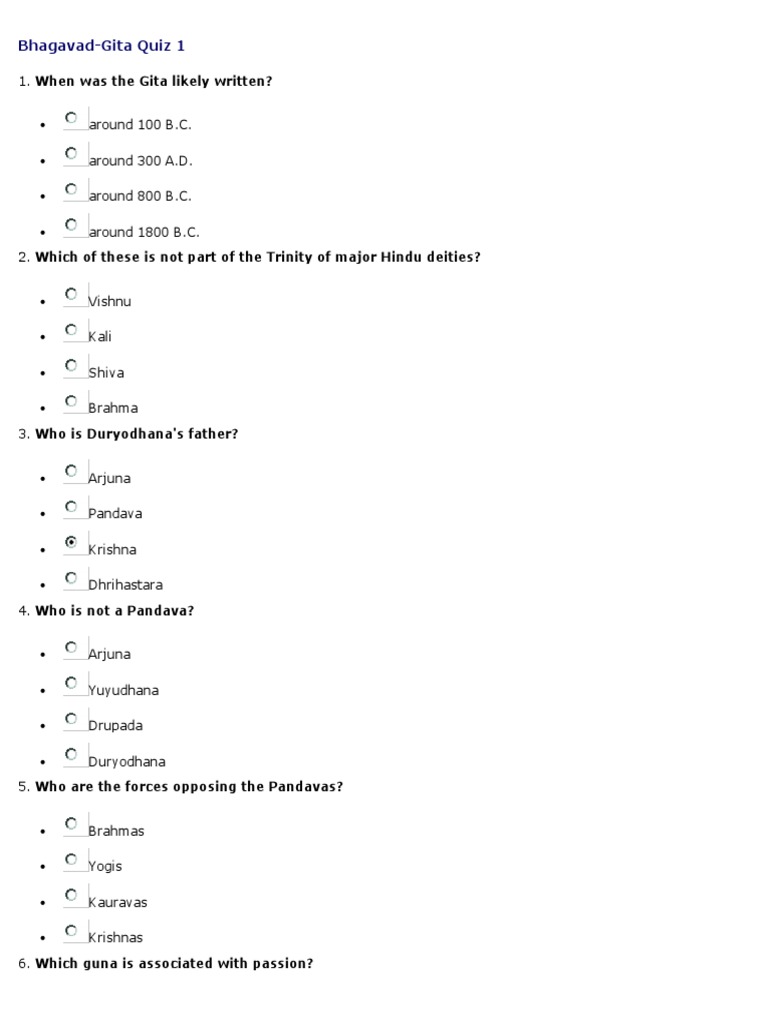 GradeSaver Bhagavad Quiz | PDF | Bhagavad Gita | Krishna