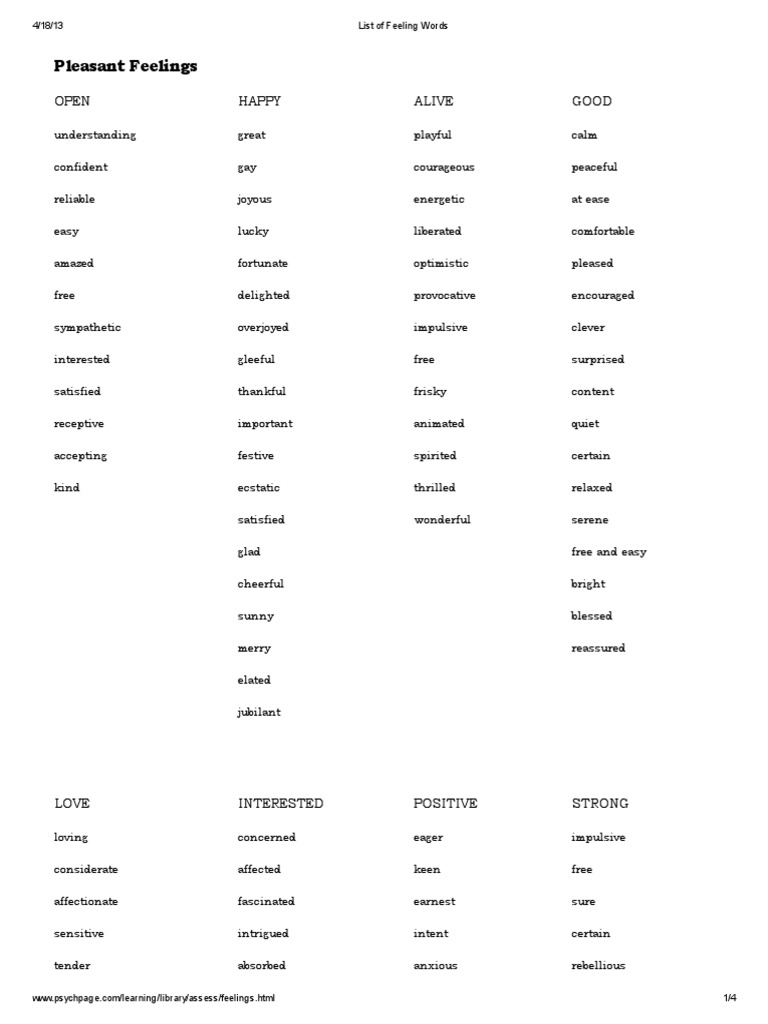 List of Feeling Words | PDF | Emotions | Wellness