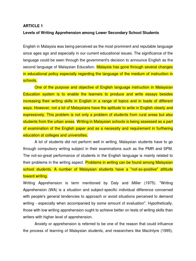 Article 1 Levels of Writing Apprehension Among Lower Secondary School ...