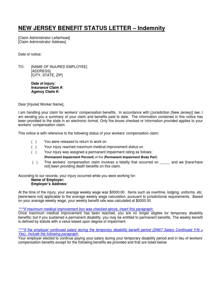 Department of Labor: NJBenefitStatusLetterIndemnity | PDF | Workers ...