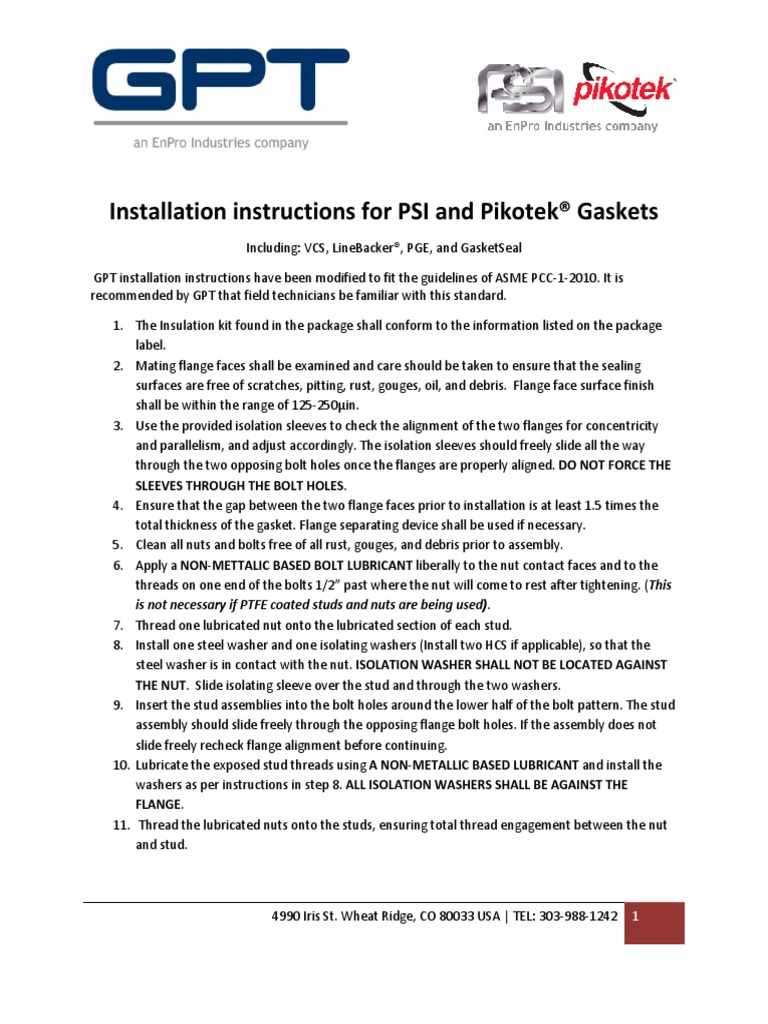 Installation Instructions For PSI and Pikotek® Gaskets: Sleeves Through ...