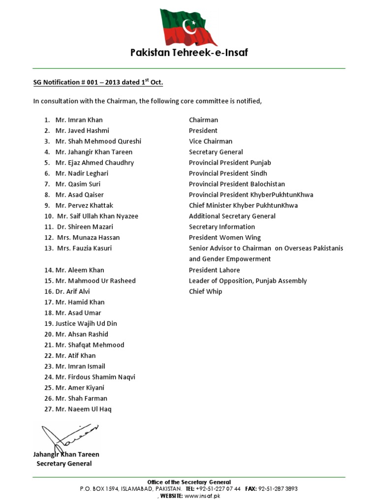 Notification PTI Core Committee