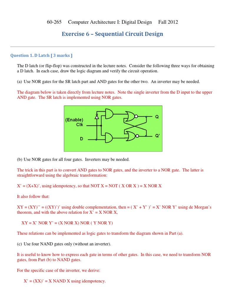 Exercise 6 - Sequential Circuit Design: 60-265 Computer Architecture I: Digital Design Fall 2012 ...