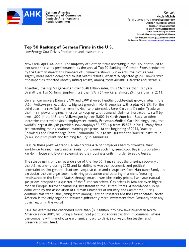 Top 50 Ranking of German Firms in The U.S. | PDF | Volkswagen | Daimler Ag