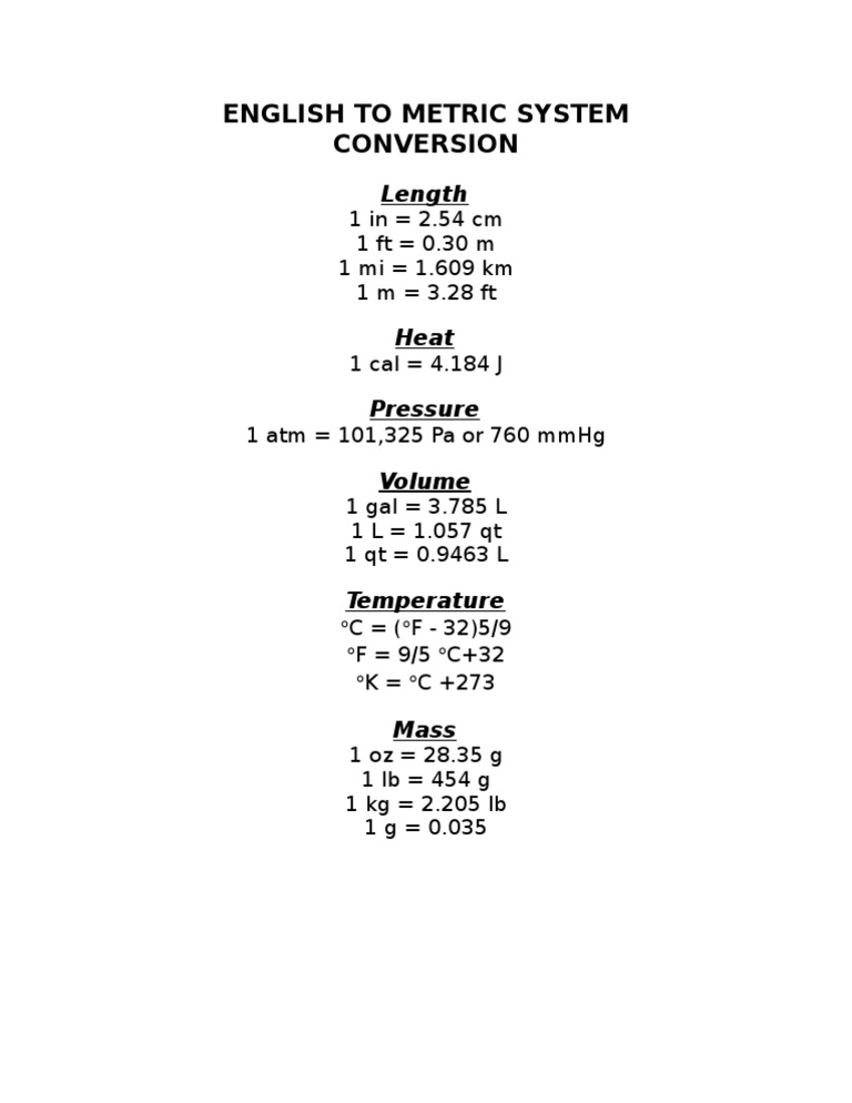 English To Metric System Conversion | PDF
