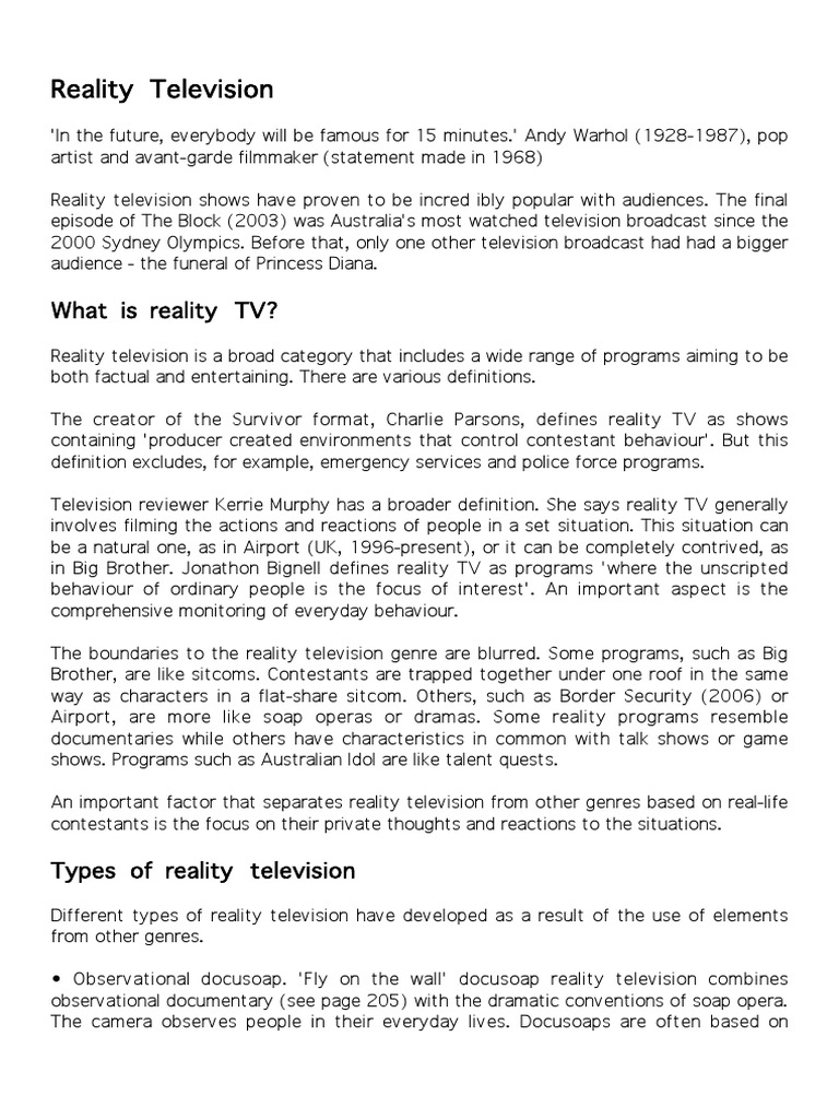 Reality Television: What Is Reality TV? | PDF | Reality Television ...
