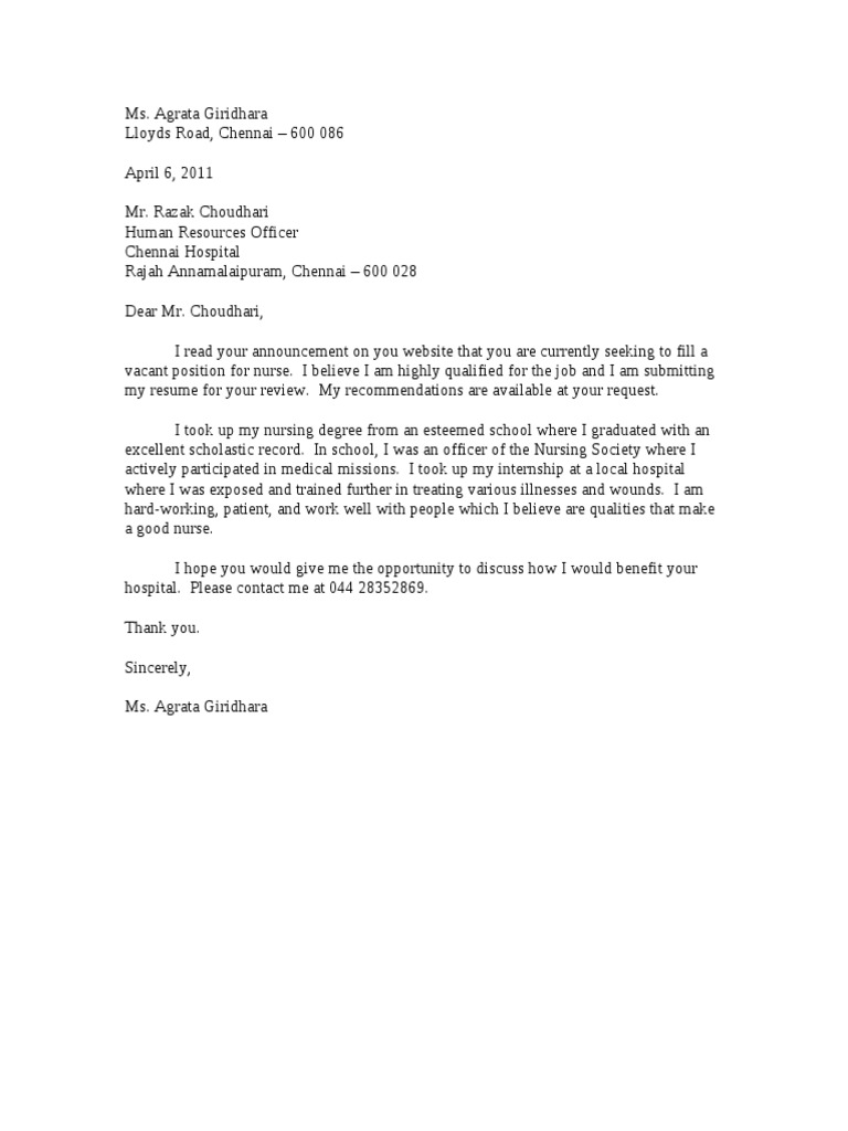 Nurse Job Application Letters Sample | PDF | Nursing | Health Care