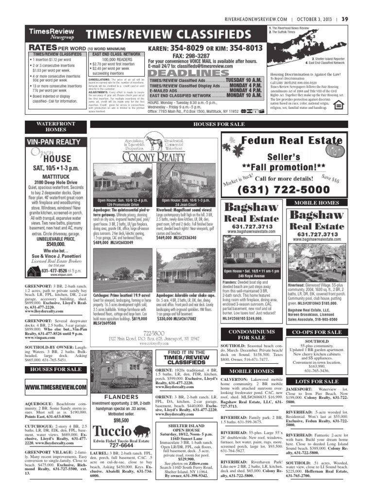 Times Review Classifieds: Oct. 3, 2013 | PDF | Condominium | Advertising