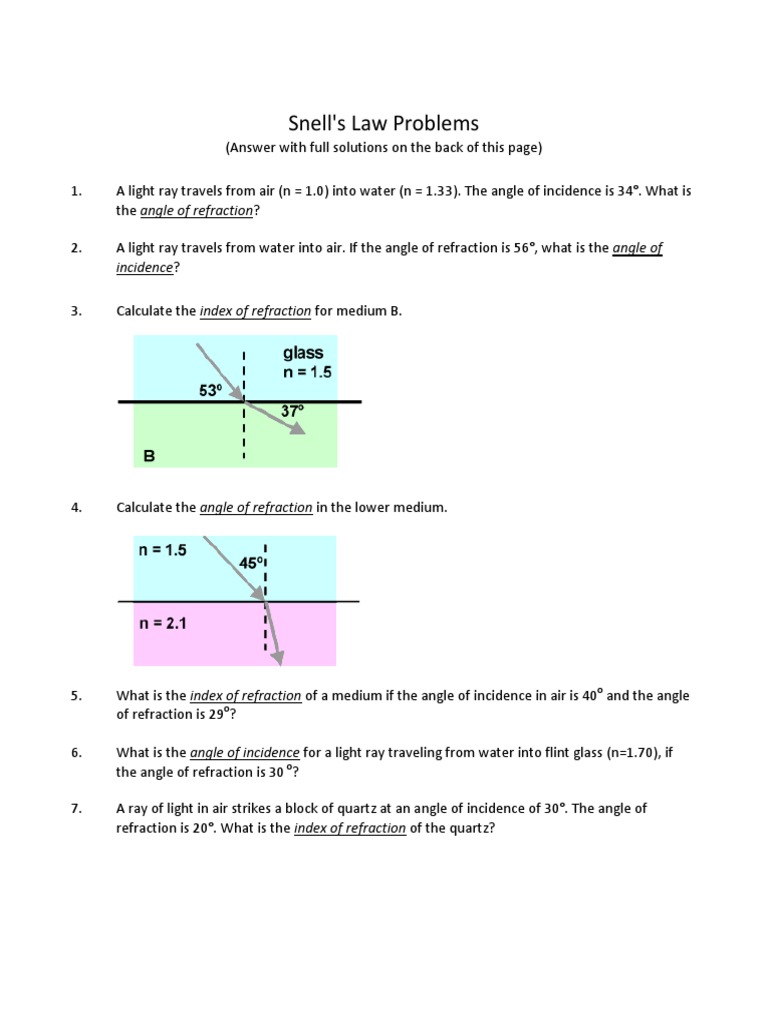 Snell's Law Practice Problems with Solutions | PDF | Science ...