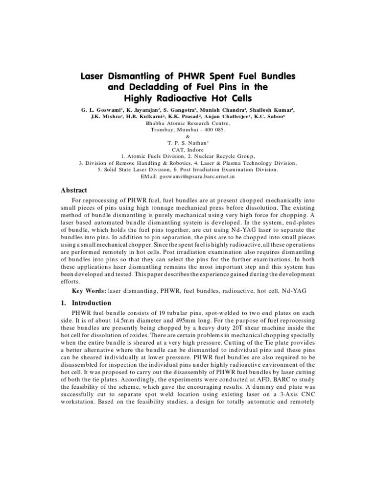Laser Dismantling of PHWR Spent Fuel Bundles and De-Cladding of Fuel ...