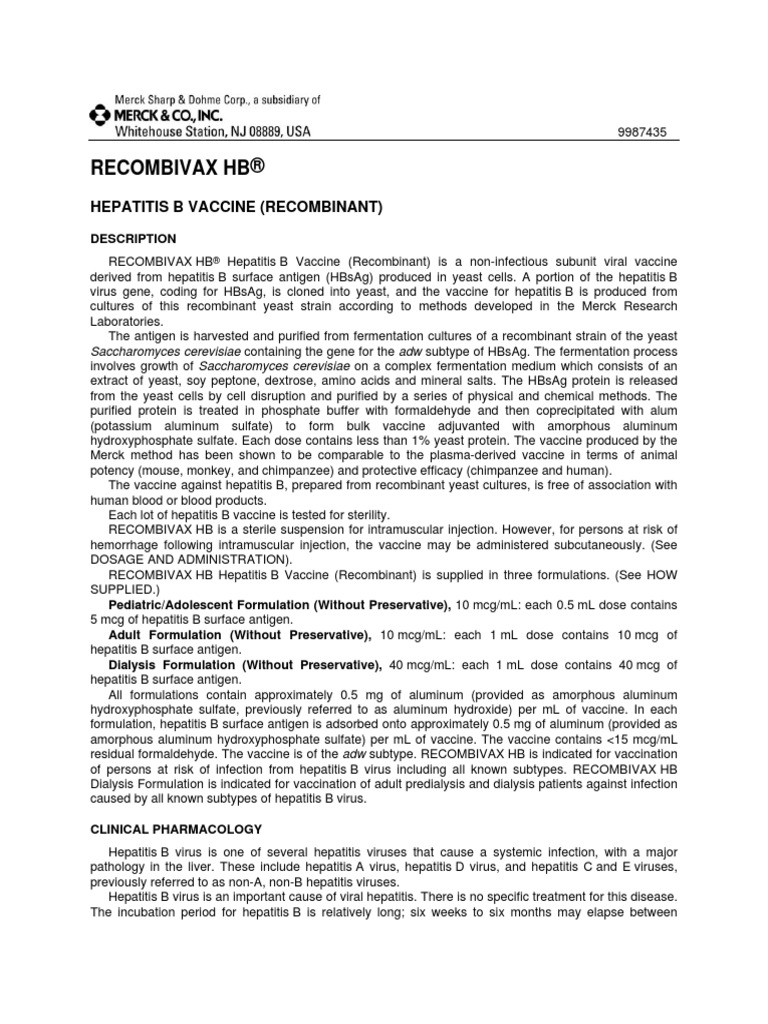 Recombivax HB®: Hepatitis B Vaccine (Recombinant) | Download Free PDF ...
