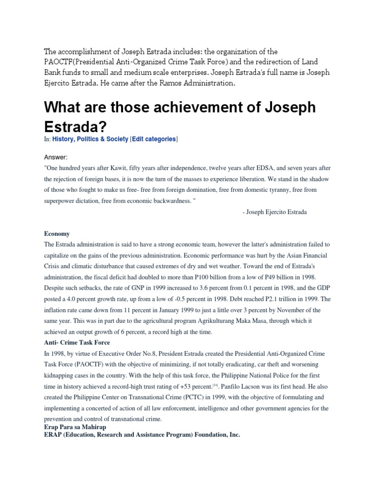 The Accomplishment of Joseph Estrada | PDF | Philippines | 1997 Asian ...
