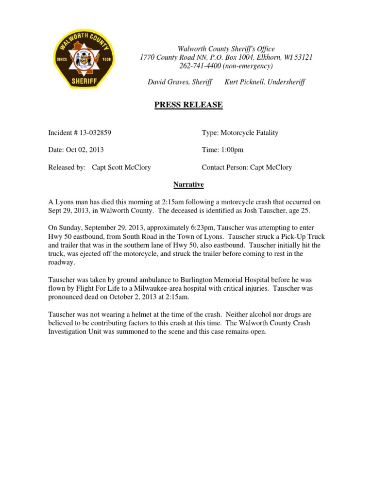 Walworth County Motorcycle Fatality Report | PDF | Man Made Disasters ...