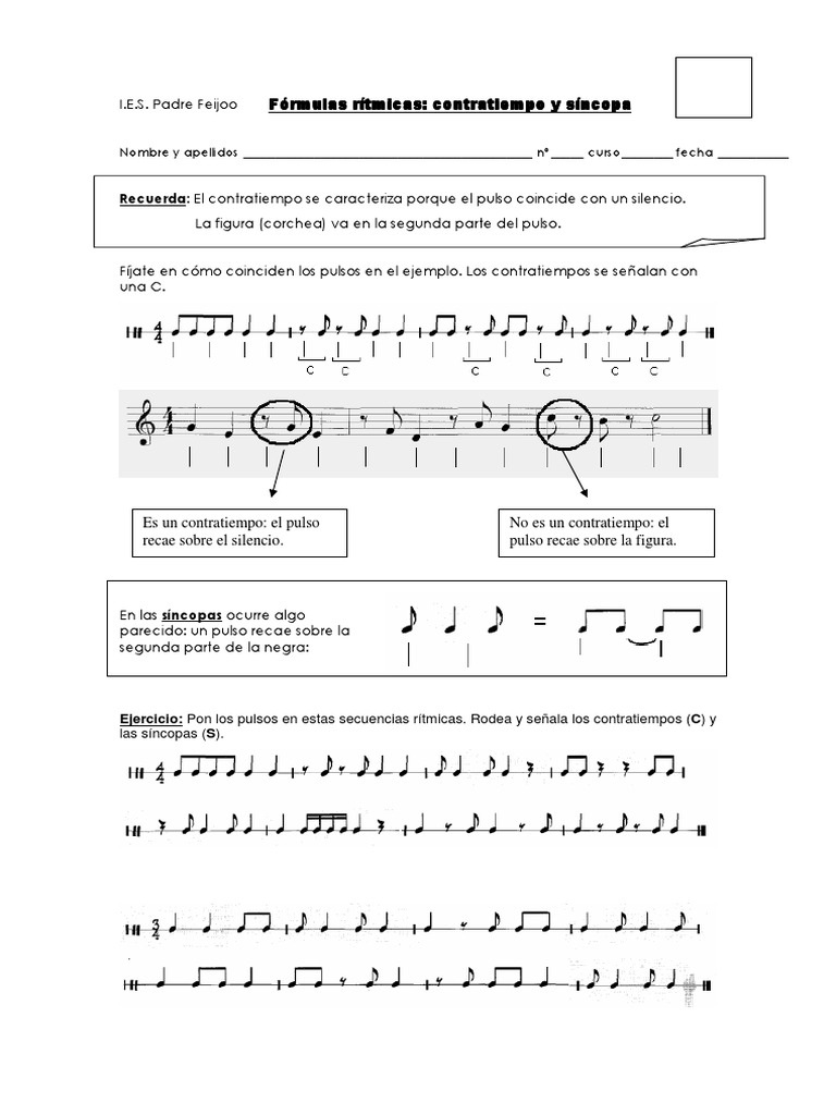 Ficha Fórmulas Rítmicas Contratiempo y Síncopa | PDF