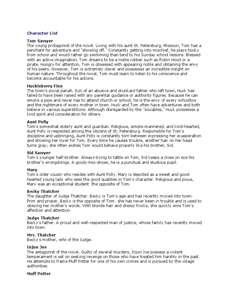 Character List: Tom Sawyer | Download Free PDF | Huckleberry Finn