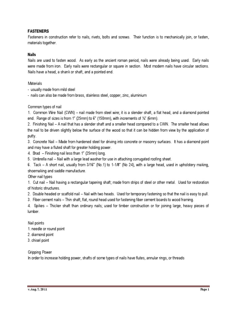 Fasteners: v. Aug. 7, 2011 | PDF | Screw | Manufactured Goods